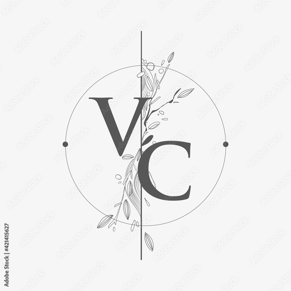 Letter VC Initial Logo with Hand Draw Floral, Initial Wedding Font Logo ...