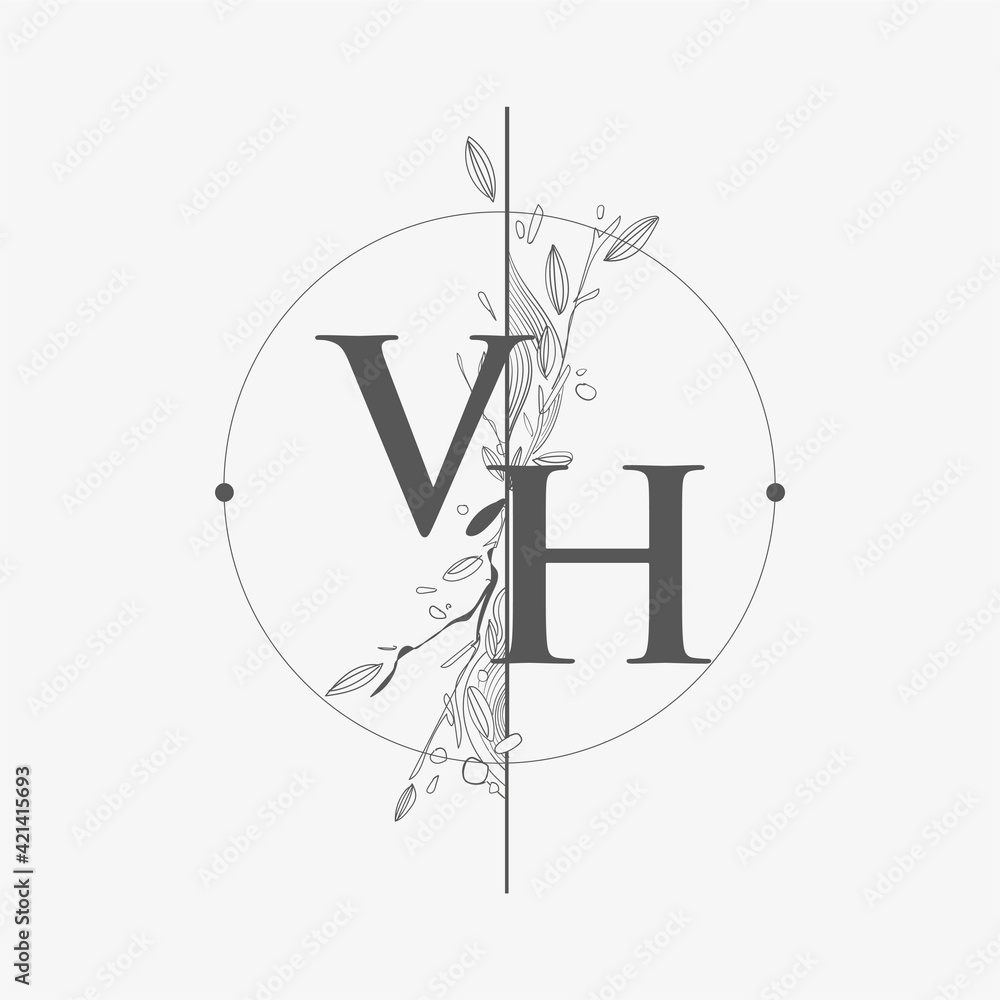 Letter VH Initial Logo with Hand Draw Floral, Initial Wedding Font Logo ...