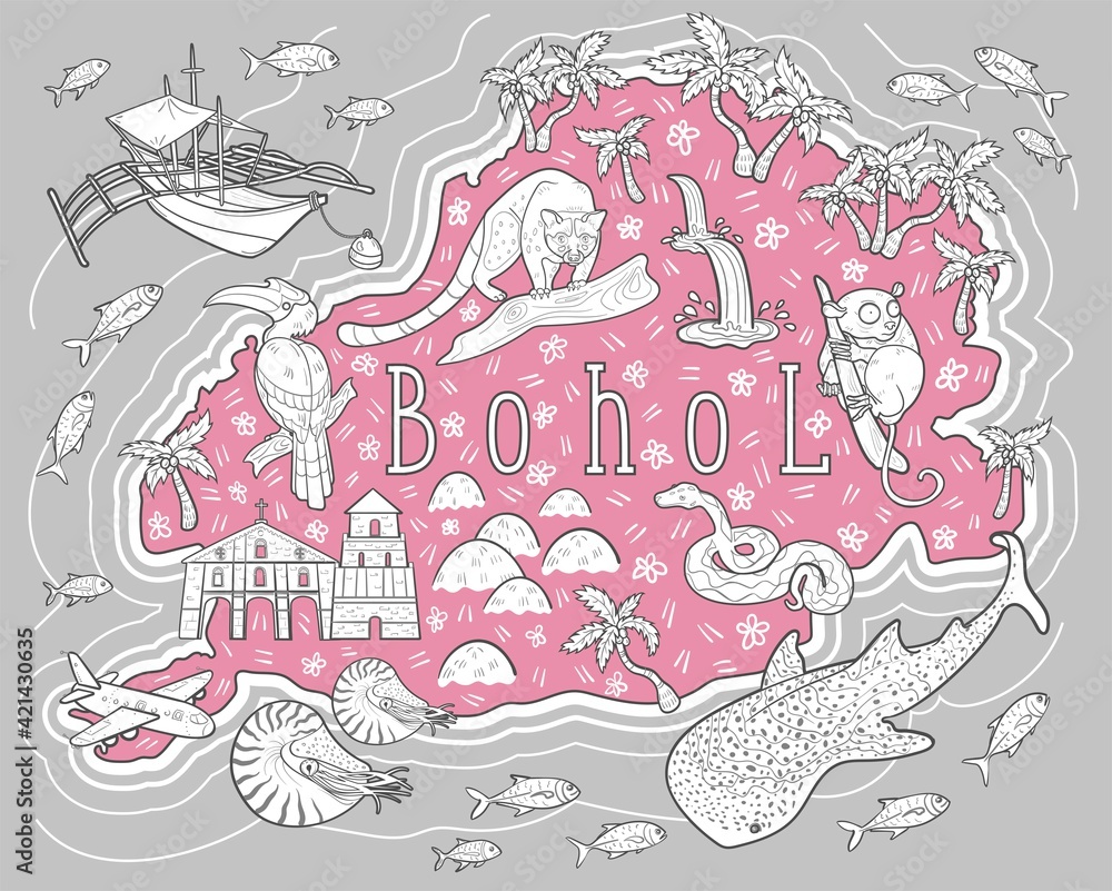 Map of Bohol island, Philippines. Vector illustration. Cartoon style ...