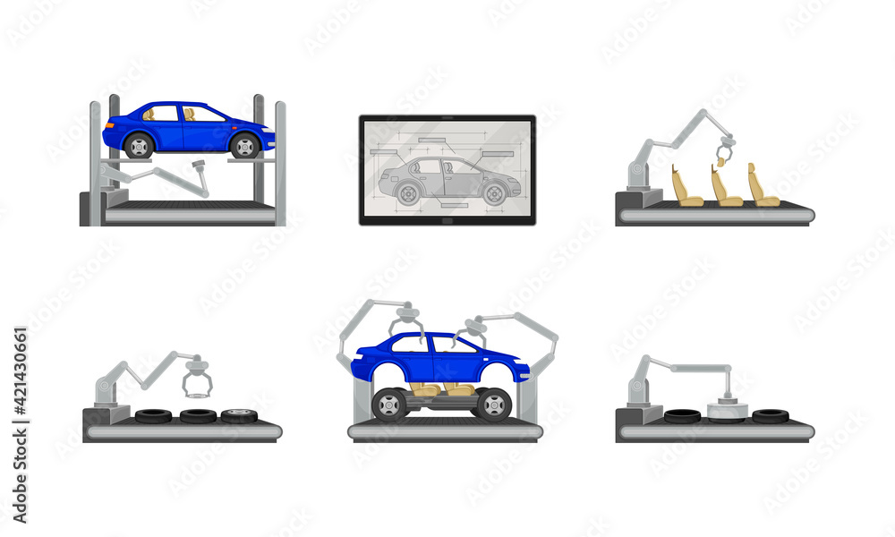 Car Production Assembly Line Process with Industrial Robots and ...