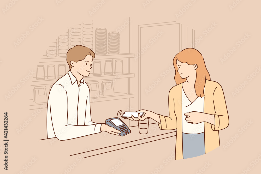 Contactless payment, online transaction concept. Young smiling woman ...