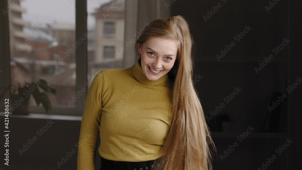 Young caucasian girl woman millennial female model wears yellow stylish ...