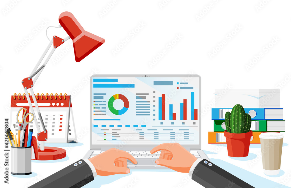 Businessman working with laptop and documents. Modern office workplace ...