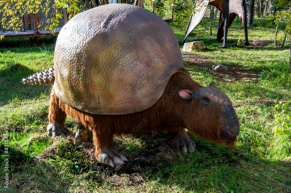 Russia, Moscow - September 29, 2018: Prehistoric extinct armadillo Glyptodont. Life-size model ...