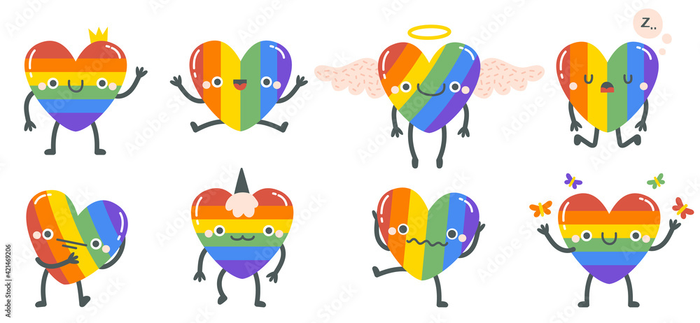 Cute rainbow hearts. Happy smiling lgbtq rainbow heart characters, gay ...