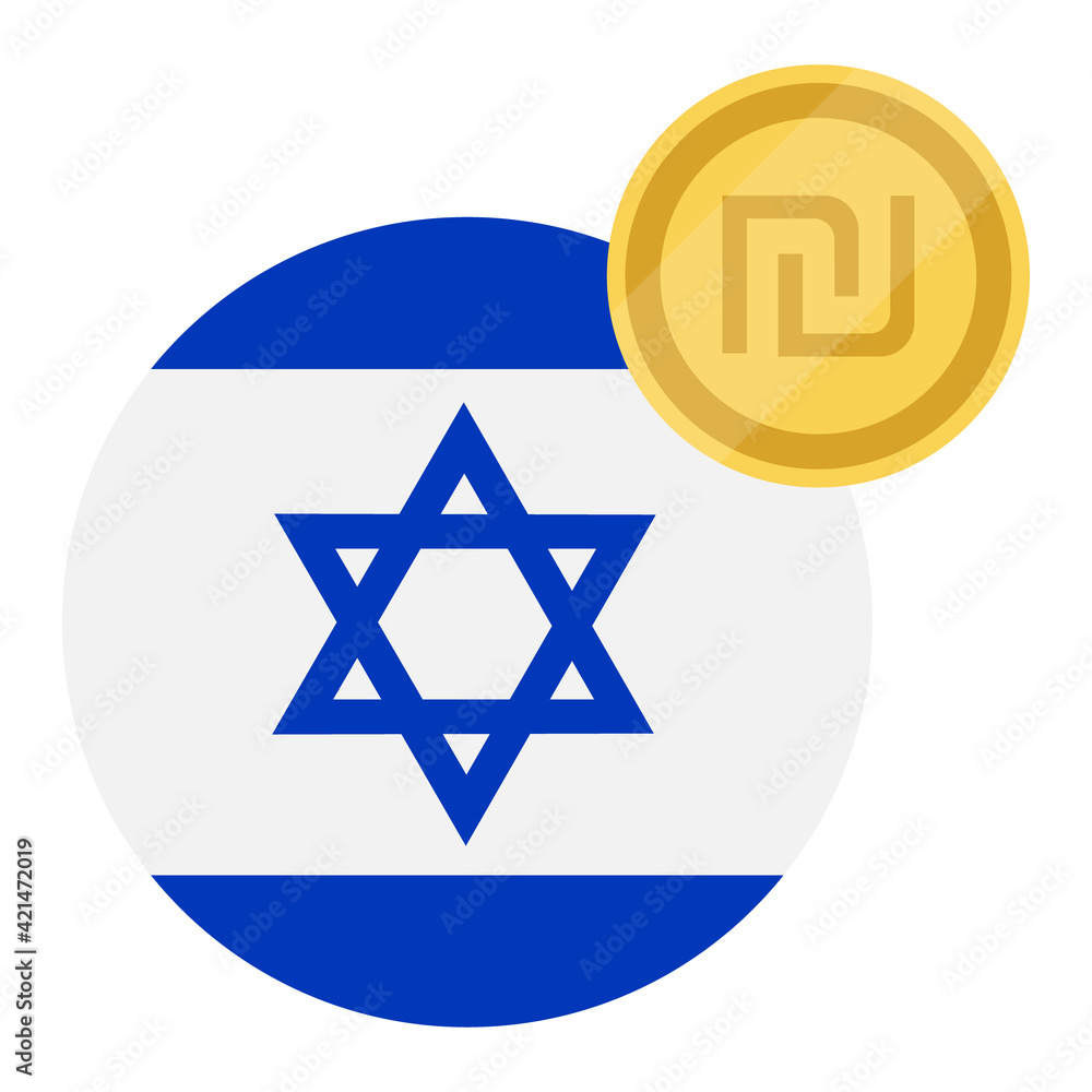 Flag of Israel and golden coin Israeli Shekel isolated on white ...