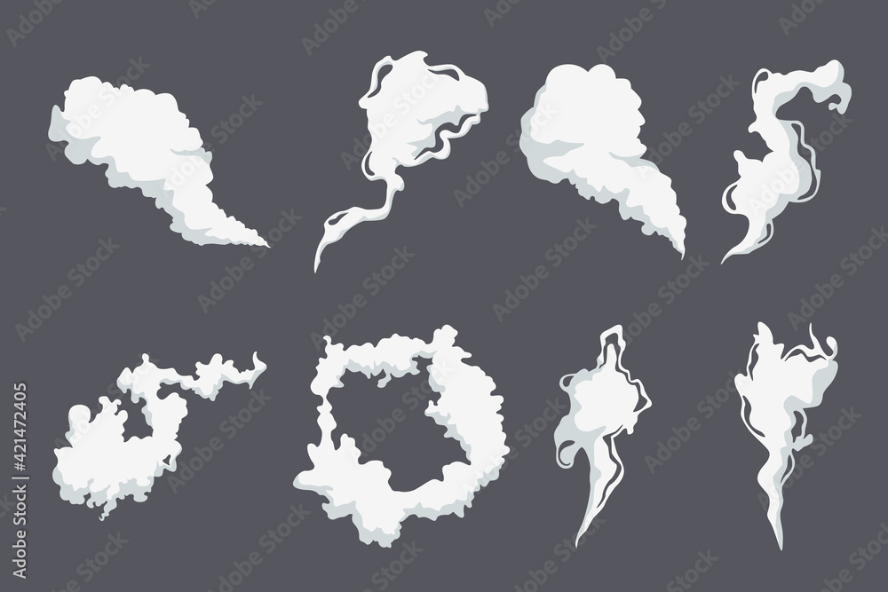 Cartoon smoke or steam cloud shapes set. Comic fire fume trail motion ...