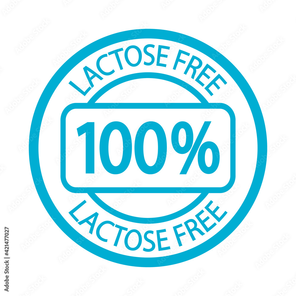 Lactose free stamp. Blue round logo or label. Lactose intolerance. Milk ...