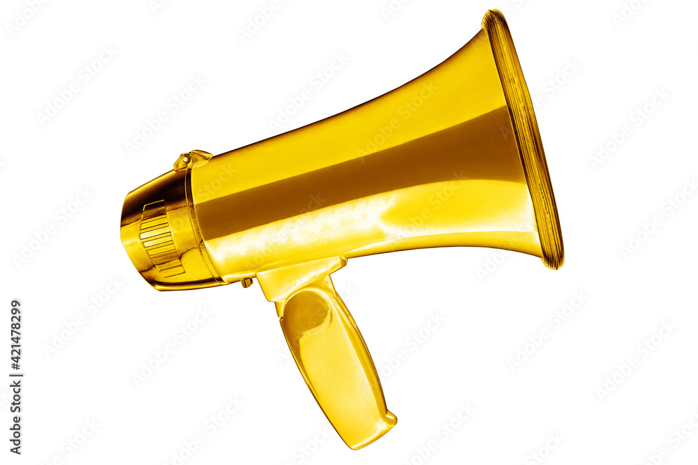 Golden megaphone white background isolated closeup, gold metal ...