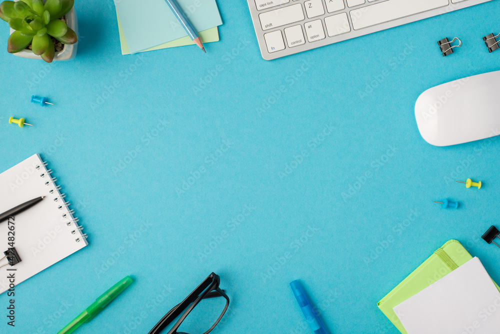 Top view photo of desktop with keyboard pens clips organizes pencil on ...