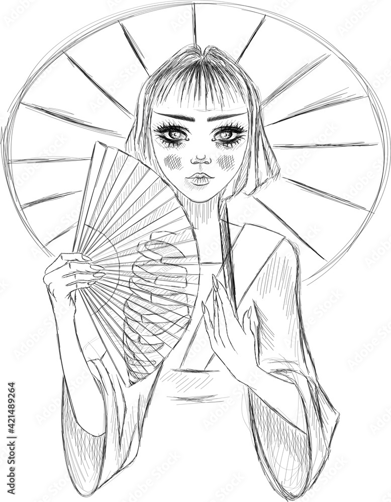 Horror art sketch - bob hair anime girl - Hand drawn portrait sketch ...
