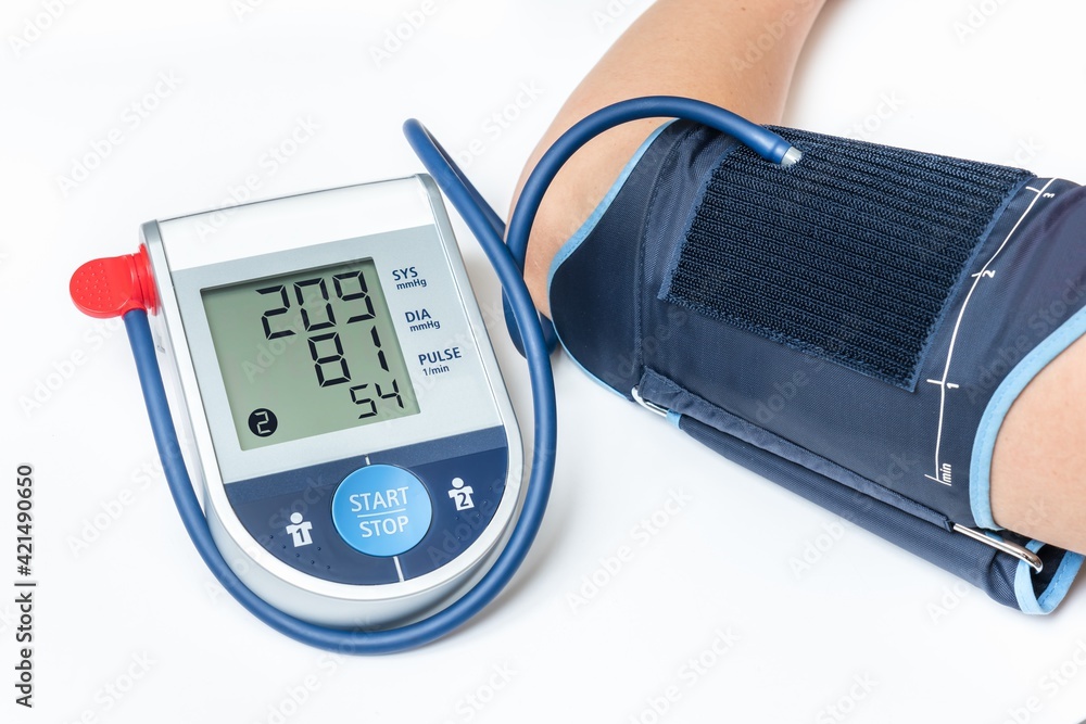Blood pressure monitor with high pressure level - hypertension c Stock ...
