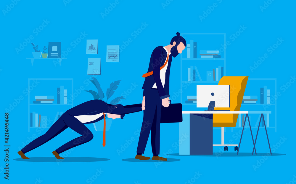 Work pressure - Businessman pushing man to his office desk. Forced to ...