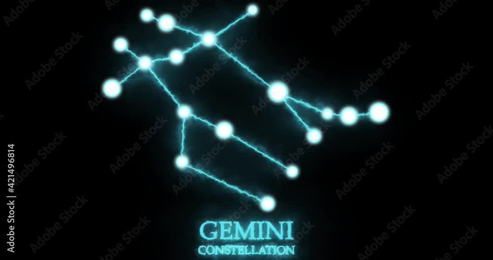Gemini constellation. Light rays, laser light shining blue color. Stars ...
