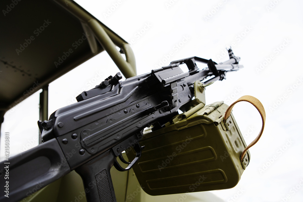 Machine gun and ammunition on a military vehicle. Combat artillery ...
