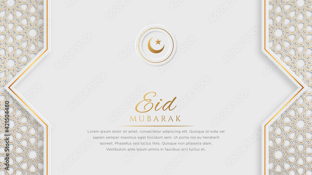 Eid Mubarak Arabic Islamic Elegant White and Golden Luxury Ornamental ...