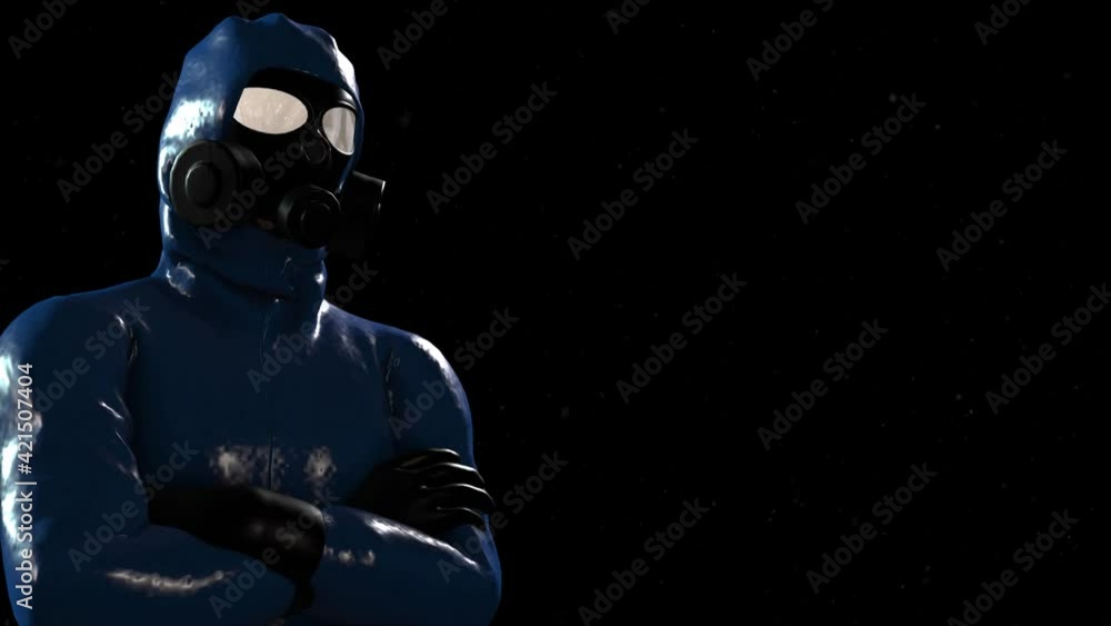 3D character, wearing a blue Hazmat suit, standing with arms crossed ...
