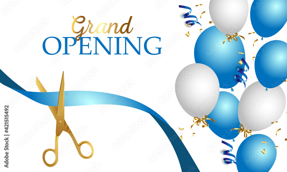Grand opening design with ribbon, balloons and gold scissors, confetti ...