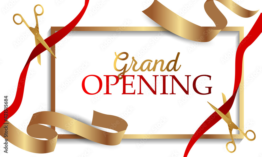 Grand opening design with ribbon, balloons and gold scissors, confetti ...