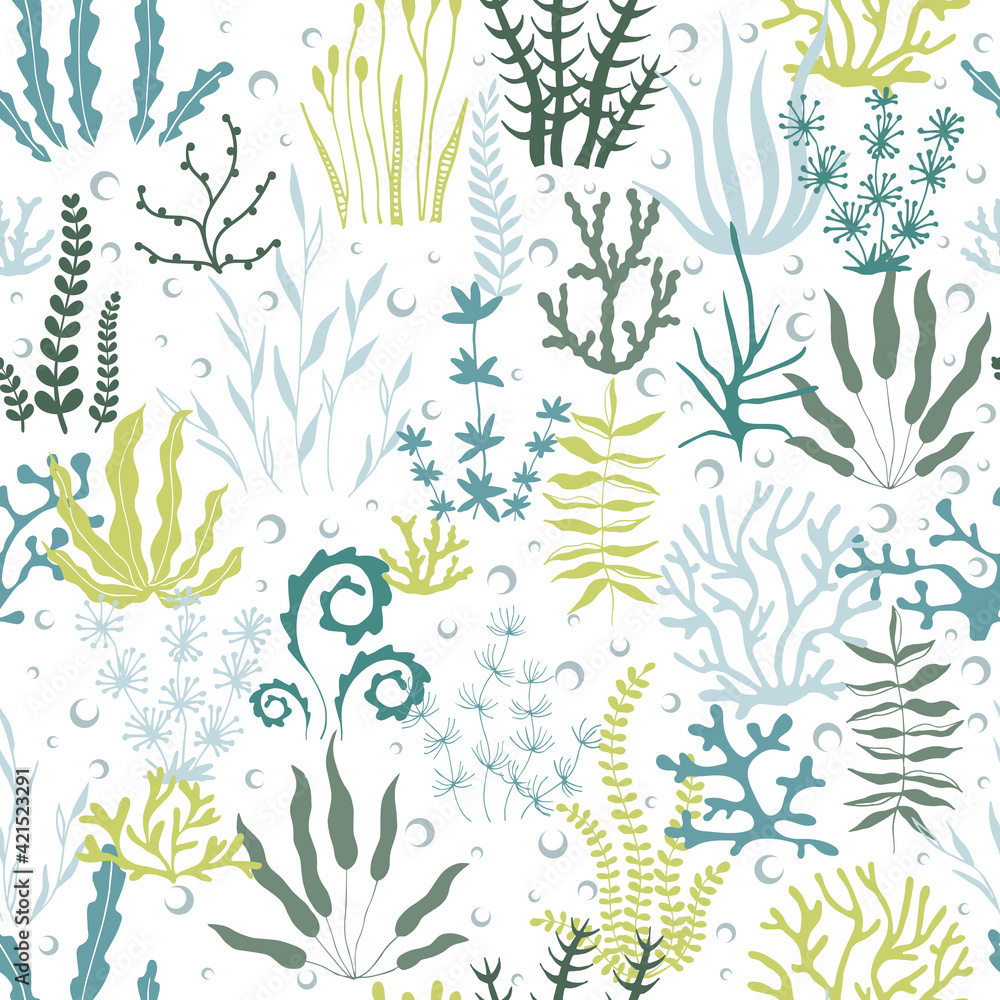 Sea seamless of seaweed and bubble. Hand drawn seaweed and bubble ...