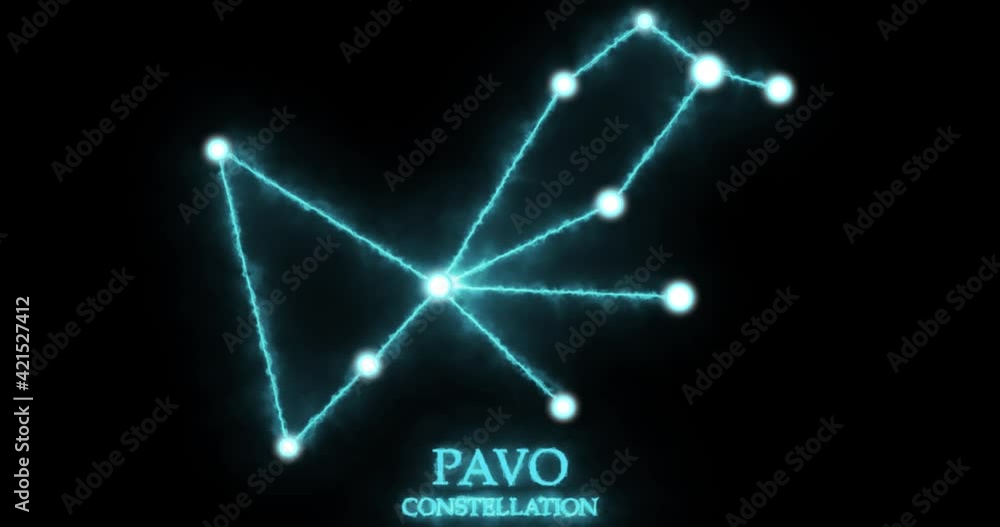 Pavo constellation. Light rays, laser light shining blue color. Stars ...