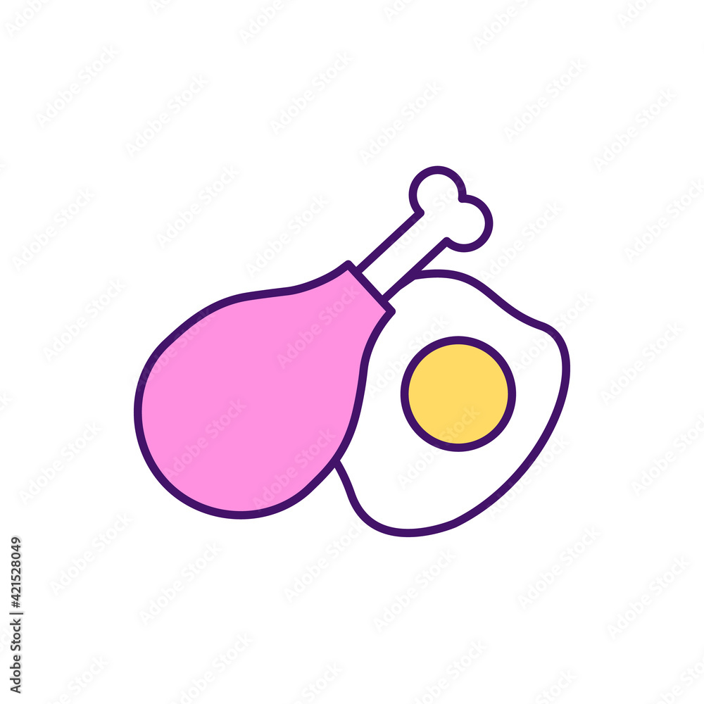 Protein and dairy products RGB color icon. Food sources. Meat, poultry ...