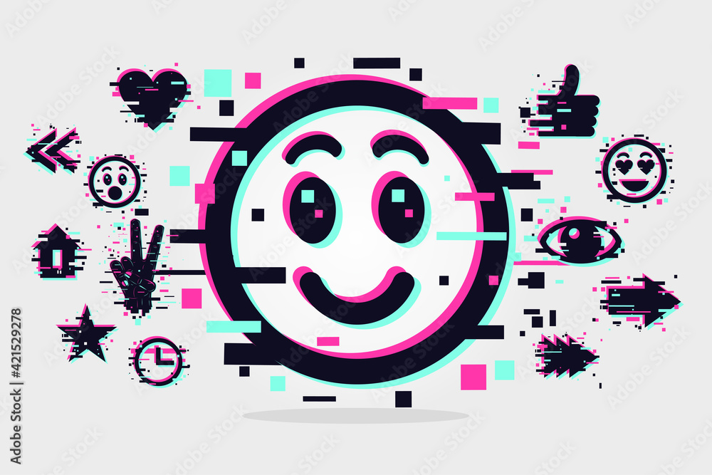 Glitch style illustration with smile face. Emoji vector icon. Social ...