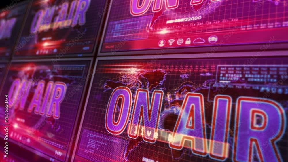 On Air on moving computer screens loop. Broadcast, media live stream ...