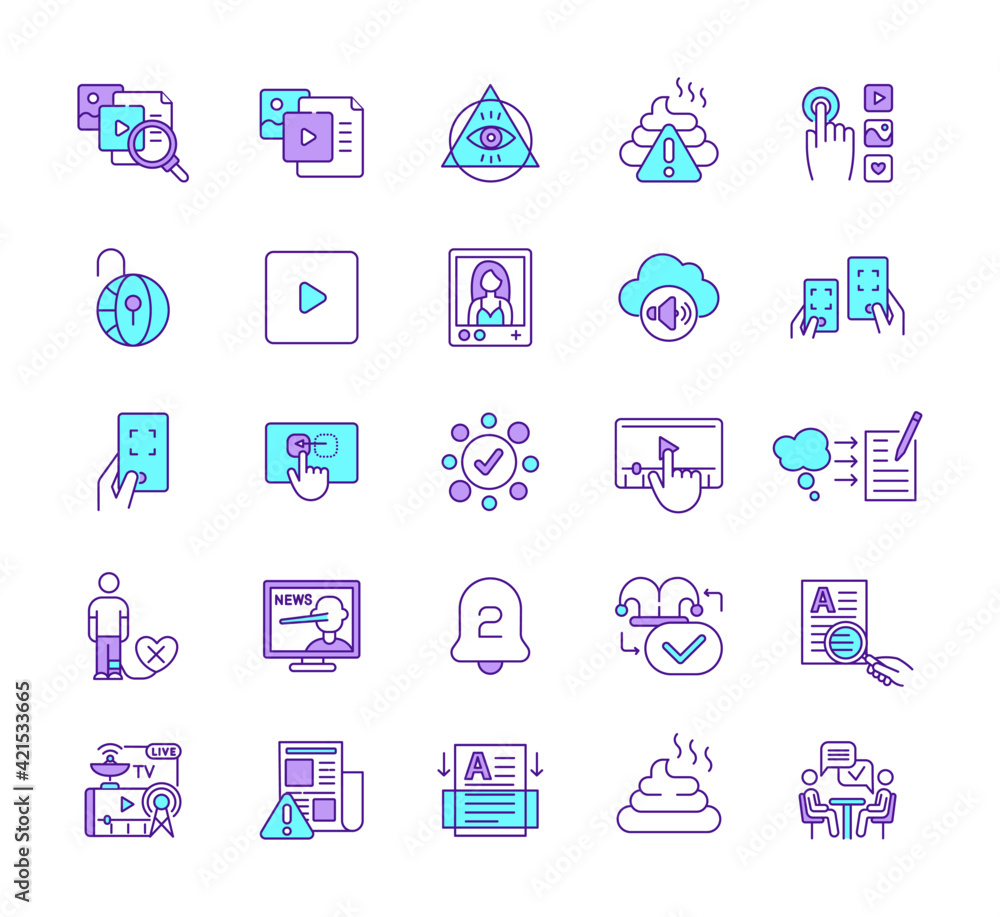 New media RGB color icons set. Mass communication. Media literacy. Fake ...