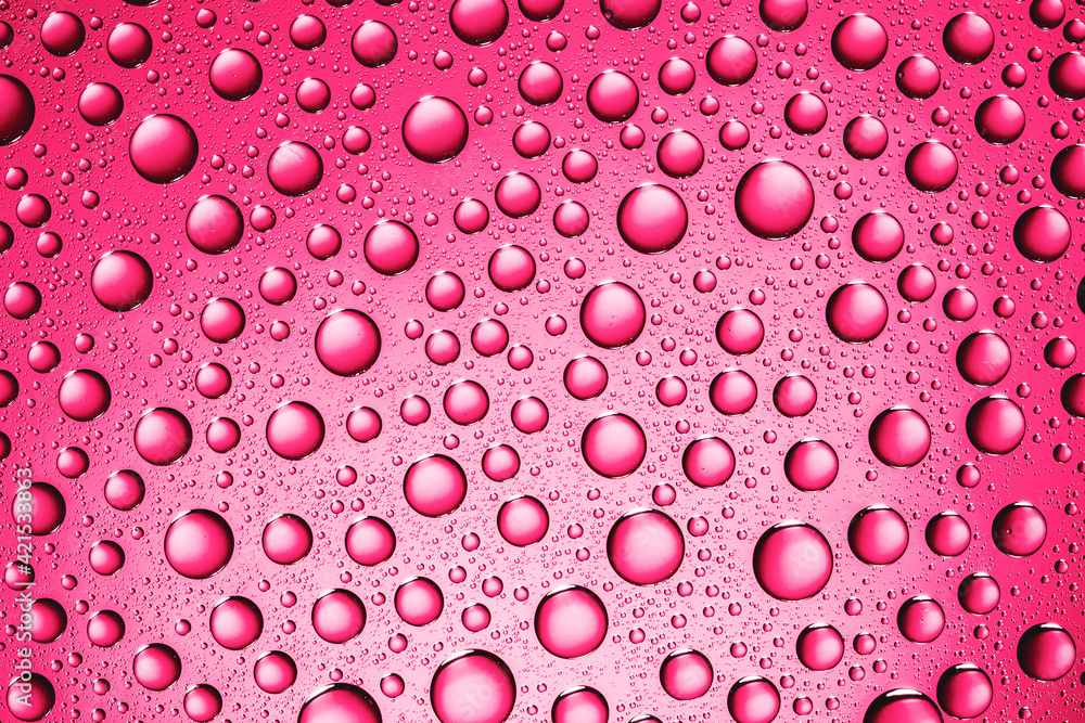 Pink water drops background. Wet glass surface texture. Bubble dew ...