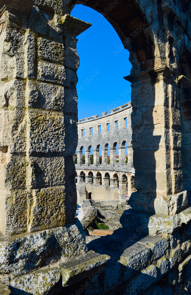 Details of the ancient Roman amphitheater arena in Pula, one of the ...