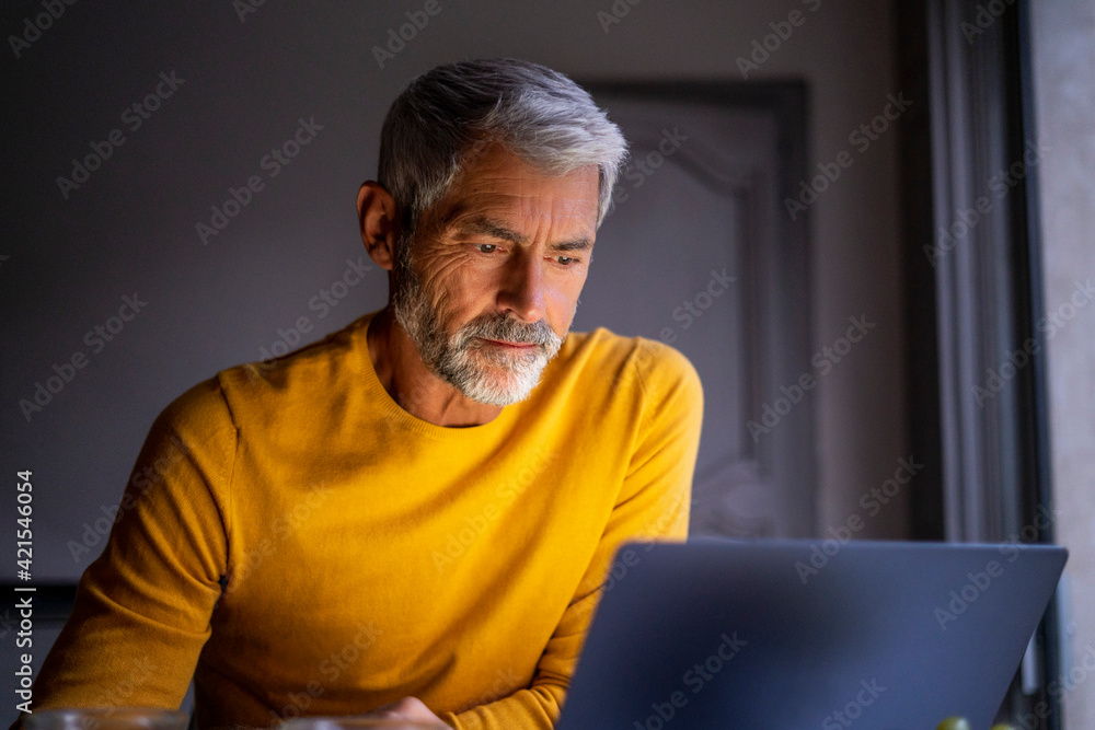 Serious mature man using laptop at home Stock Photo | Adobe Stock
