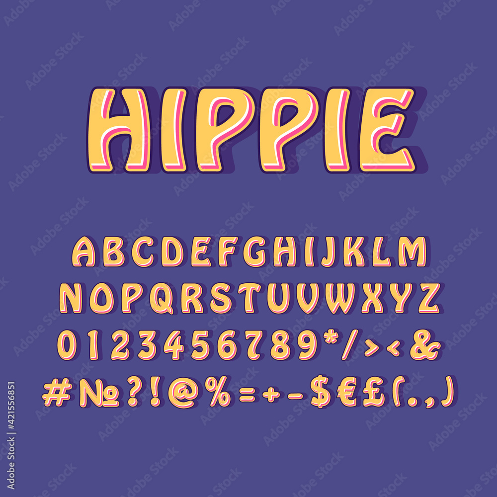 Hippie vintage 3d vector alphabet set. Retro bold font, typeface. Pop ...