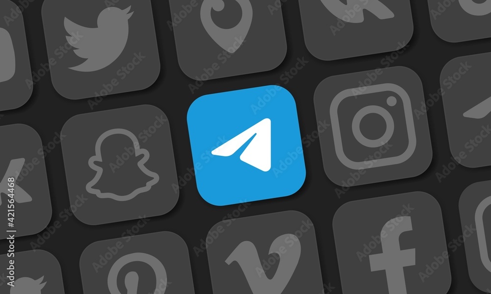 Telegram on the social media app background. Social media icons ...