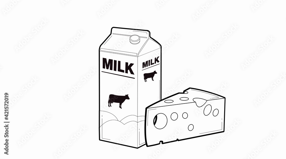 Milk and cheese. Vector isolated black and white illustration of a milk ...