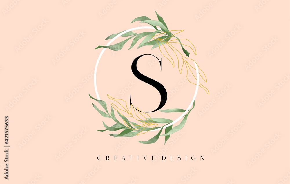 Elegant Letter S Logo Design With Waterbrush leafs and Simple Elegant ...
