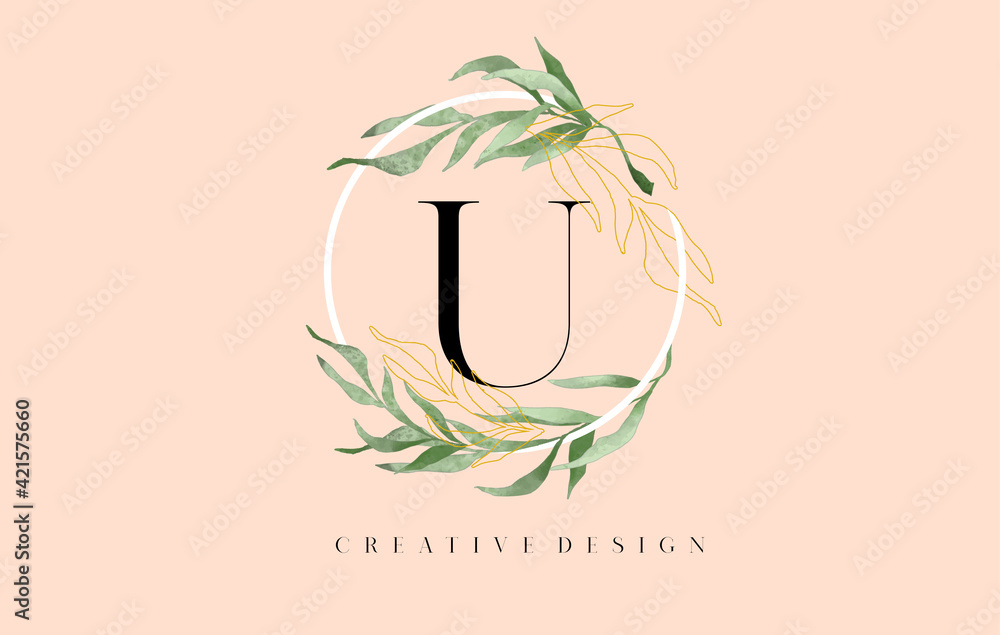 Elegant Letter U Logo Design With Waterbrush leafs and Simple Elegant ...