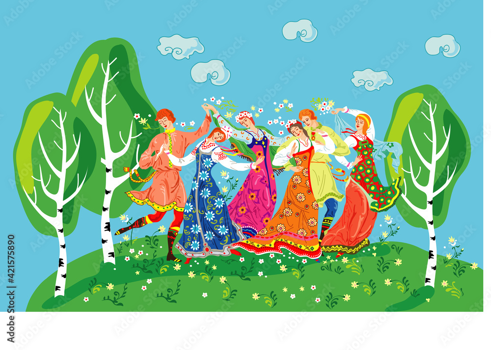 Vector image of dancing men and women in traditional Russian clothes ...