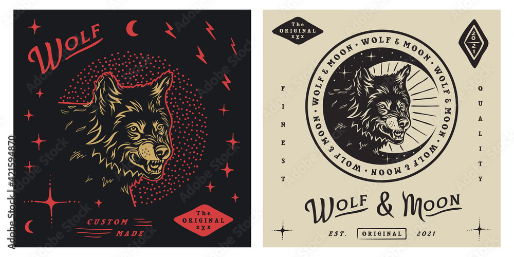 Wolf and Moon vintage retro logo design template in modern trendy style ...