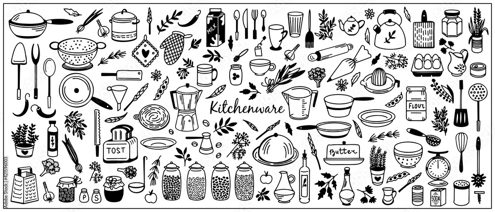 Kitchenware Vector set. Tool and ware collection. Hand drawn, doodle ...