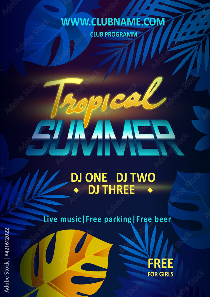 Night party vector flyer template. Tropical summer beach party, night ...