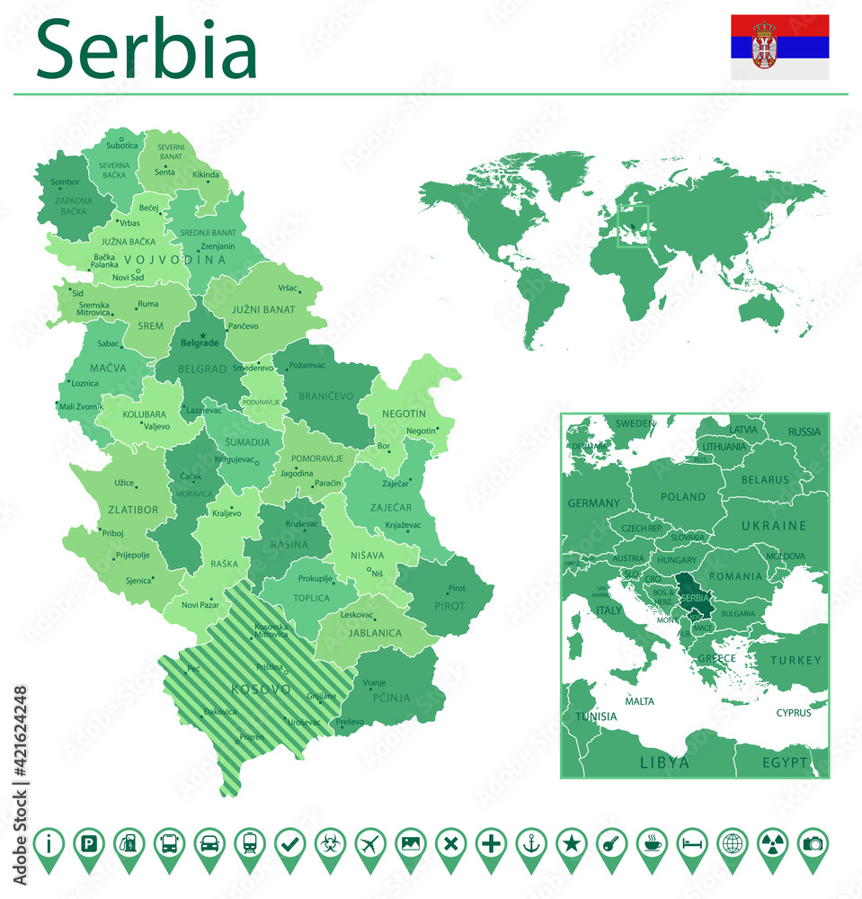 Serbia detailed map and flag. Serbia on world map. Stock Vector | Adobe ...