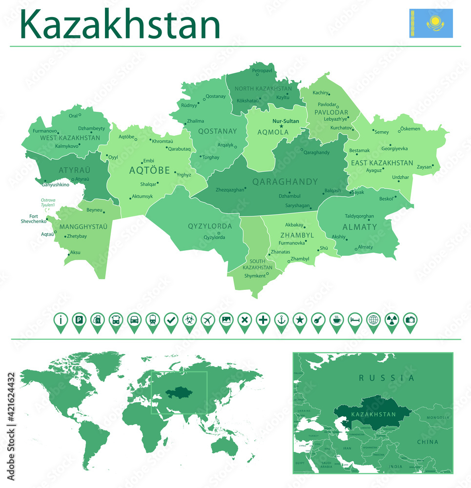 Kazakhstan detailed map and flag. Kazakhstan on world map. Stock Vector ...