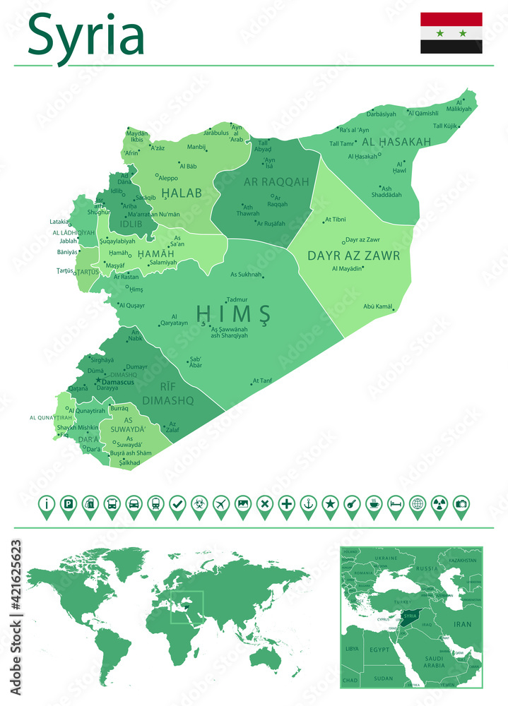 Syria detailed map and flag. Syria on world map. Stock Vector | Adobe Stock