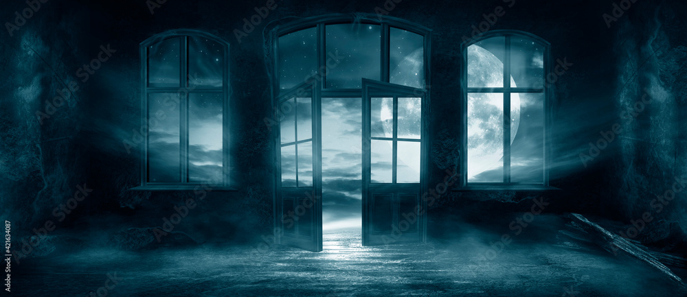 Dark scary fantasy room with windows and doors. Big moon, night sky ...