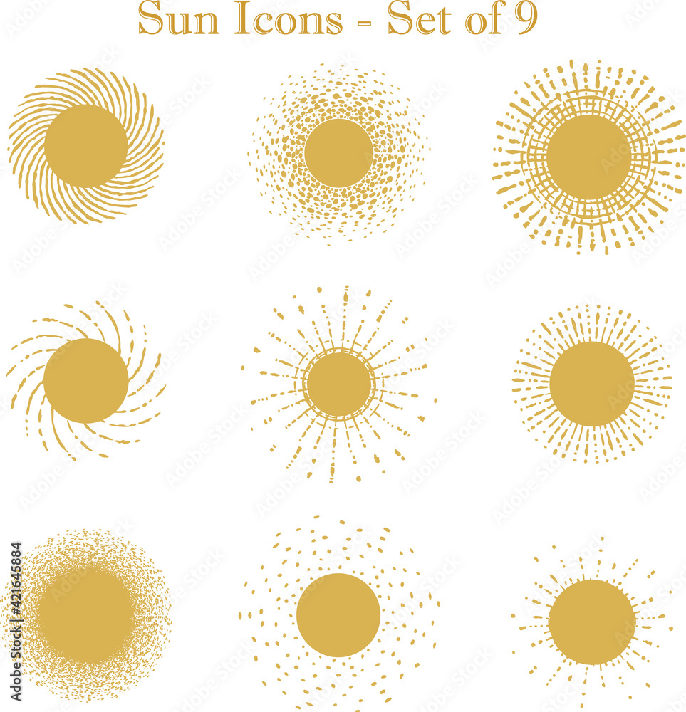 Gold Sunburst Icon Vector Set. Sun Symbols. Stock Vector | Adobe Stock