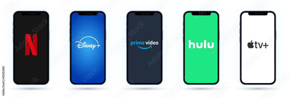 Set of realistic vector iPhones with logo splash screens of 5 top ...