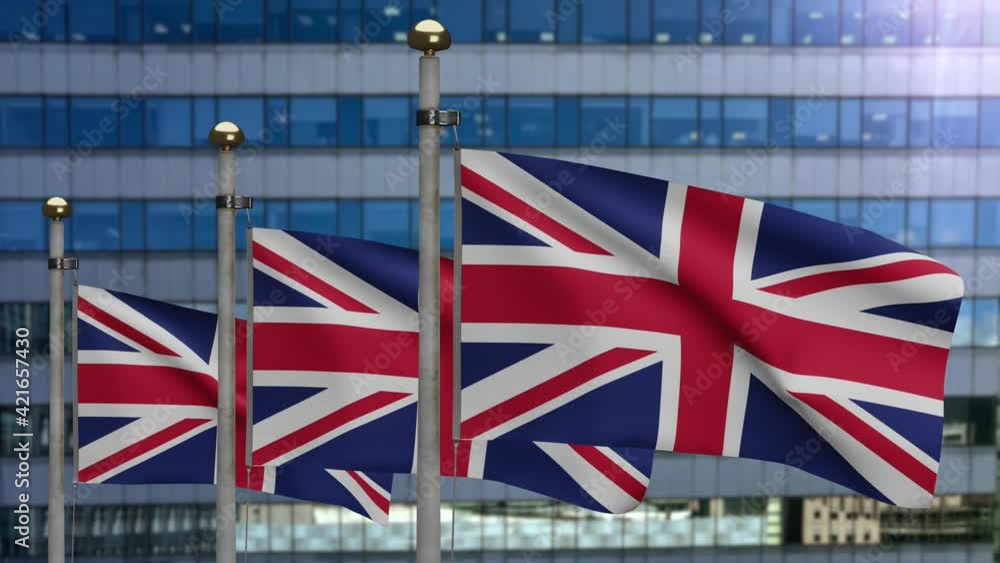3D illustration United Kingdom flag waving in modern skyscraper city ...