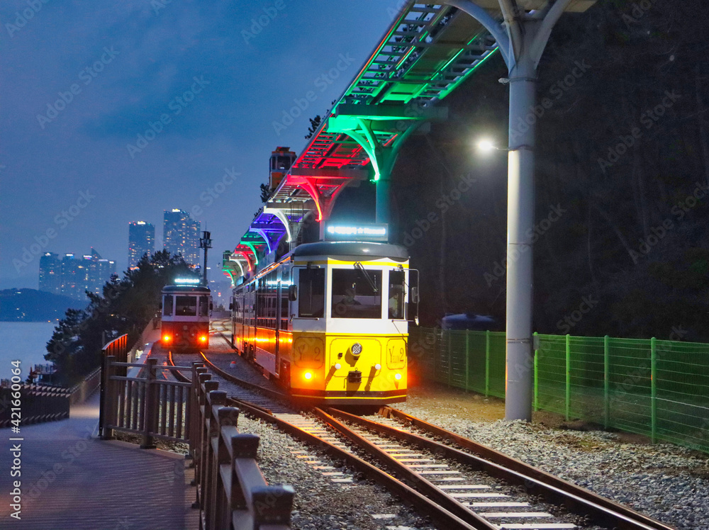 Night view of Haeundae Beach Train, Busan, South Korea, Asia. Stock ...