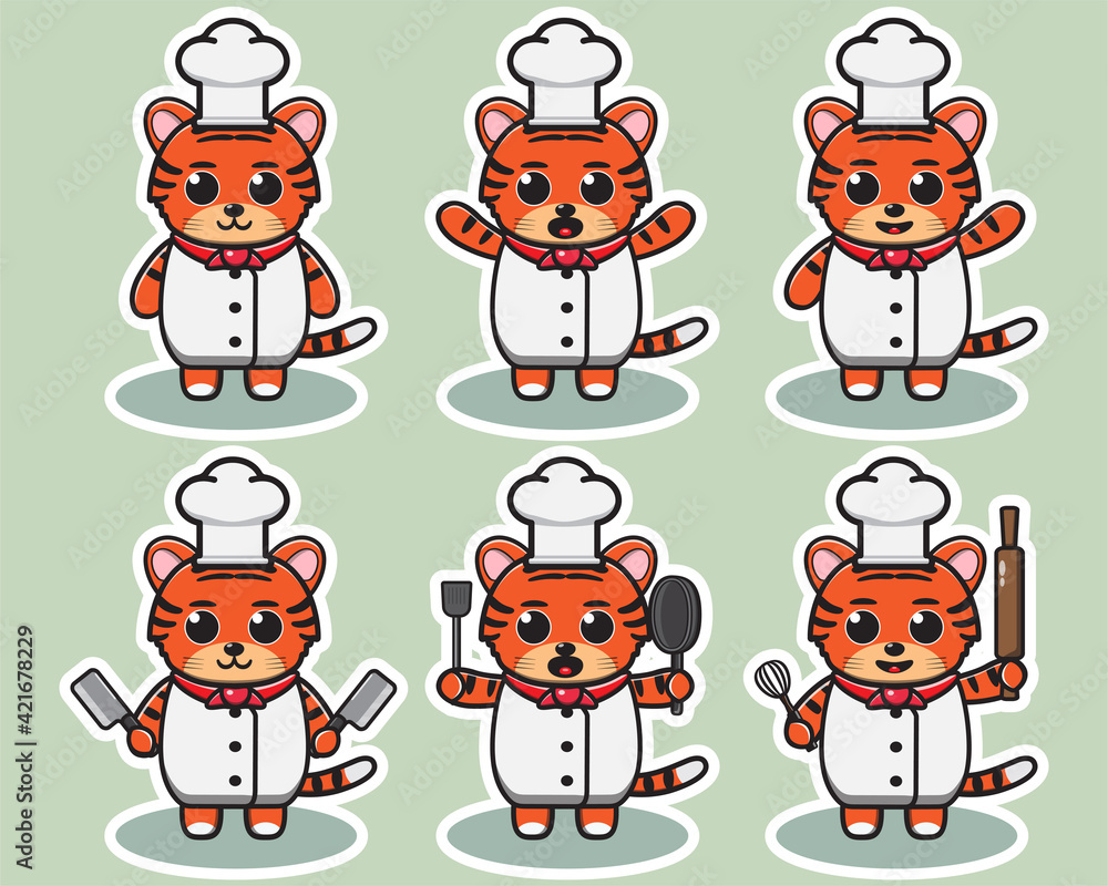 Vector illustration of cute Tiger Chef cartoon. Cute Tiger expression ...
